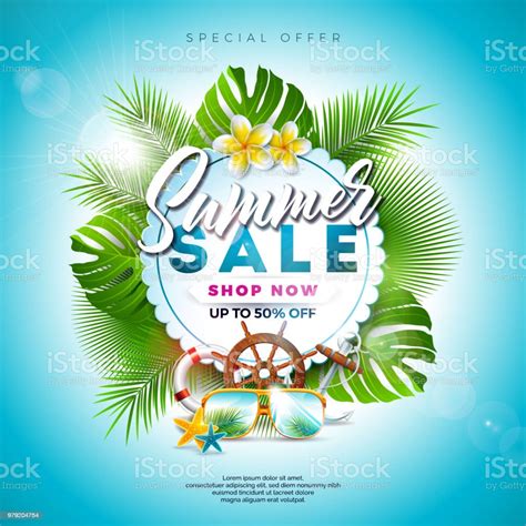 꽃 해변 휴일 요소와 이국적인 여름 세일 디자인 블루 바탕에 나뭇잎 열 대 꽃 벡터 일러스트 쿠폰 상품권 배너 전단지 홍보 포스터 초대 또는 인사말 카드에 대 한 특별 제공