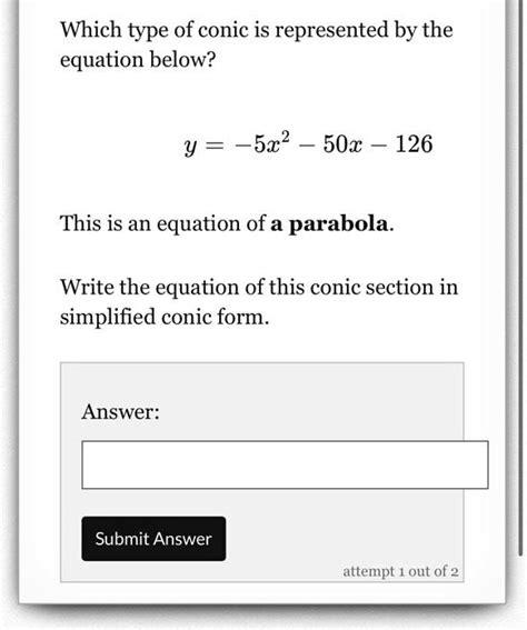 Solved Which Type Of Conic Is Represented By The Equation Below Y
