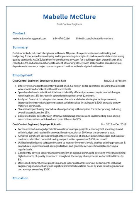 Cost Control Engineer Resume Cv Example And Writing Guide