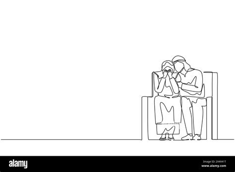 Single Continuous Line Drawing Caring Arab Man Sitting On Sofa Hugging Shoulder Of Depressed