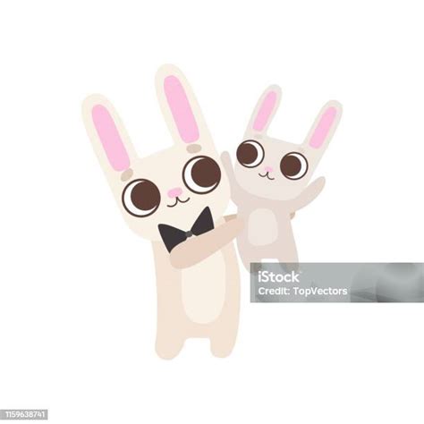 토끼의 행복한 가족 손에 아기를 들고 아버지 토끼 귀여운 만화 토끼 문자 벡터 일러스트 0명에 대한 스톡 벡터 아트 및 기타