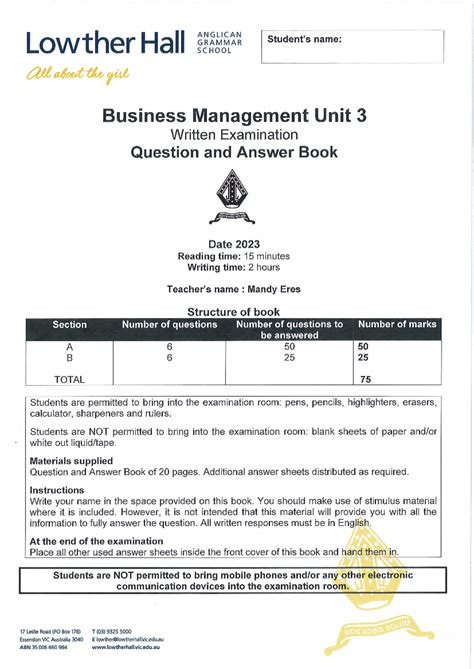 Unit 3 Exam 2023 Practice Unit 3 Exam Lowther Hall Anglican Grammar Name School All About