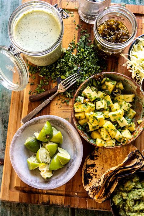 Quick Poblano Pineapple Shrimp Tacos with Cilantro Jalapeño Ranch