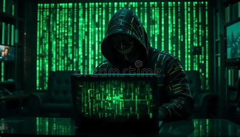 Hooded Hacker Dark Room Green Matrix Code Computer Screen Stock