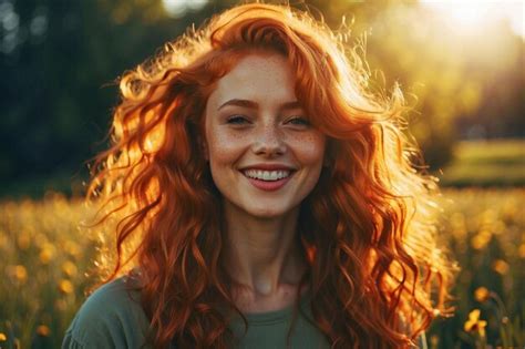 Premium Photo Young Happy Smiling Ginger Woman Standing In A Field