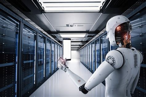 premium photo 3d rendering robot working in server room