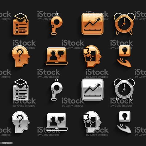 물음표 금융 성장 증가 및 휘파람 아이콘 온라인 교육 알람 시계 전구 헤드 퍼즐 전략을 설정합니다 벡터 0명에 대한 스톡 벡터