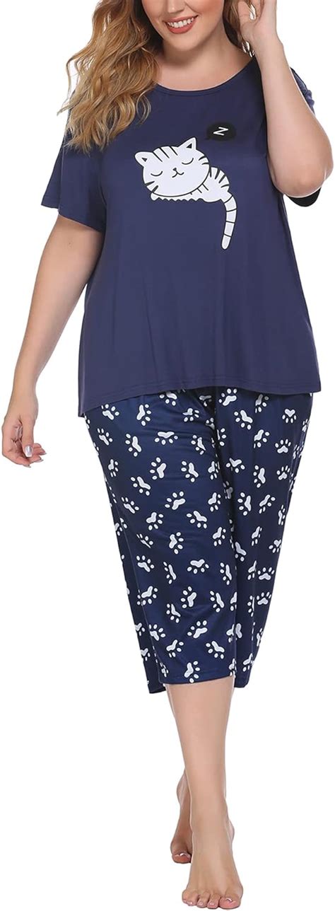 Involand Women Plus Size Pajama Set Capri Short Sleeve Sleepwear Sets
