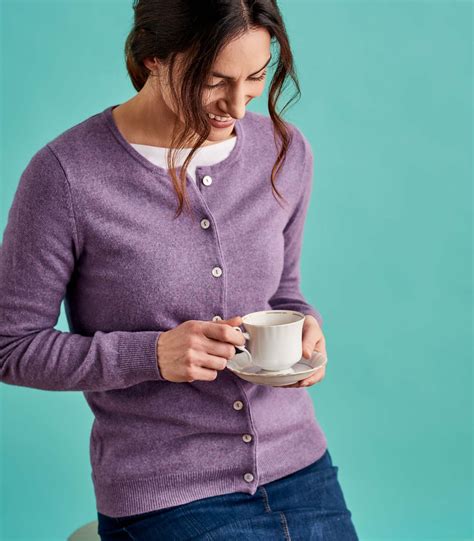 Lavender Marl Womens Cashmere And Merino Luxurious Crew Neck Cardigan