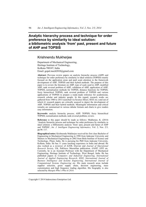 Pdf Analytic Hierarchy Process And Technique For Order Preference By Similarity To Ideal
