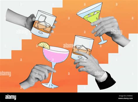 Composite Photo Collage Of Hands Hold Cocktail Glass Cognac Gin Lemon