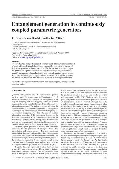 Pdf Entanglement Generation In Continuously Coupled Parametric Generators Dokumentips