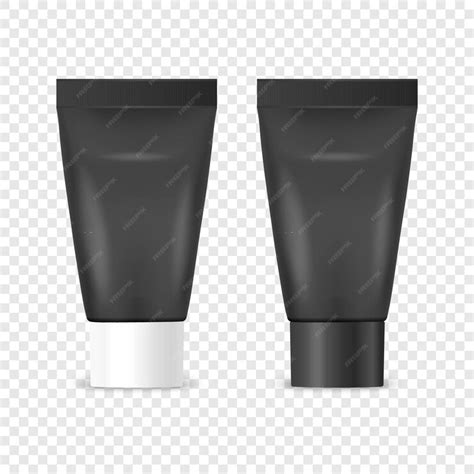 벡터 3d 현실적인 플라스틱 금속 검은 치아 붙여넣기 크림 튜브 흰색과 검은색 모자 세트로 포장 이랑 전면 보기를 위한 치약