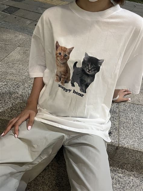 캣 고양이 오버핏 반팔 티셔츠 에이블리