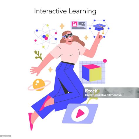 인터랙티브 학습 개념 애니메이션 학생은 가상 현실을 사용하여 몰입형 교육 시뮬레이션 가교 기술 및 실제 학습을 경험합니다 벡터