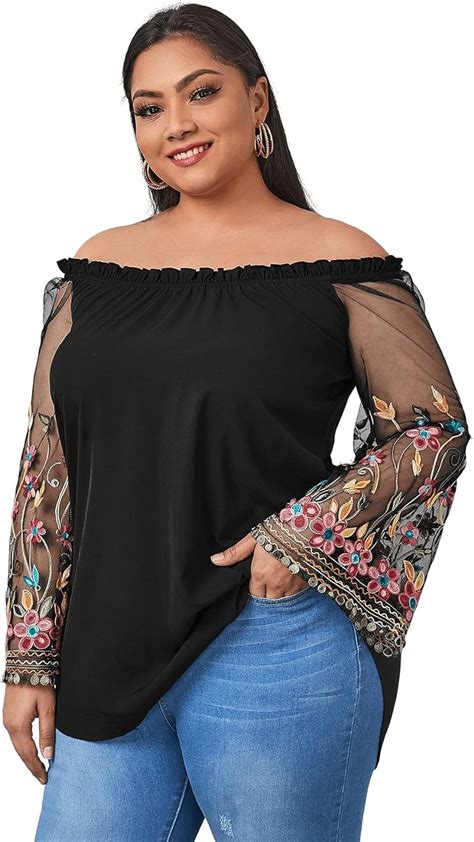 OYOANGLE Women S Plus Size Off The Shoulder Floral Embroidery Mesh Long