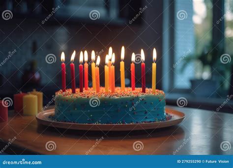 Birthday Cake With Lit Candles On Table Created Using Generative Ai