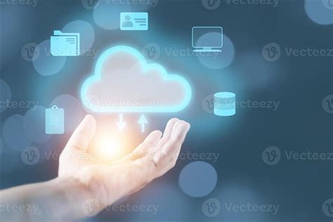 Cloud Computing Concept Man S Hand Holding A Virtual Image Cloud