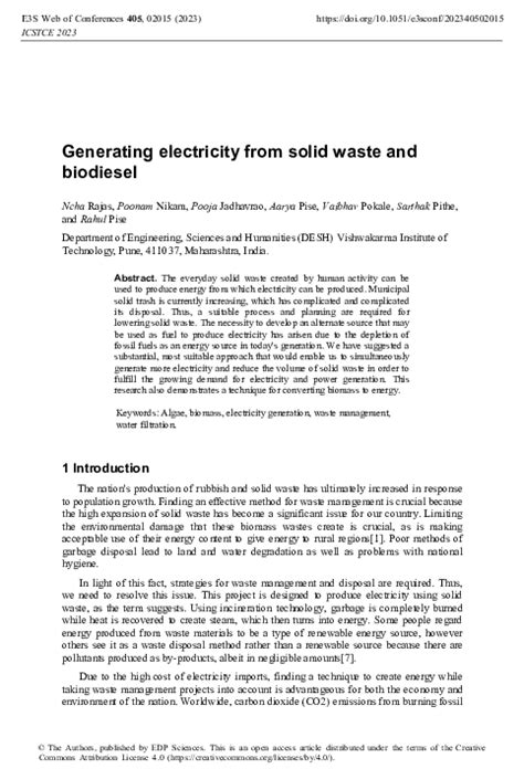 Pdf Generating Electricity From Solid Waste And Biodiesel