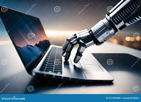 Robotic Hand Typing On A Laptop Keyboard Stock Illustration