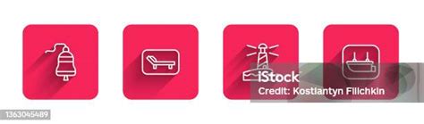 긴 그림자와 라인 선박 벨 선베드와 우산 등대와 구명 보트를 설정합니다 빨간색 사각형 버튼입니다 벡터 0명에 대한 스톡 벡터 아트 및 기타 이미지 Istock