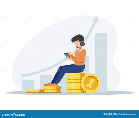 Cartoon Female Character Saving Her Money To Get Income On Cell Phone