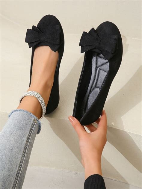 Women Black Bow Decor Flats Preppy Round Toe Ballet Flats Shein Uk