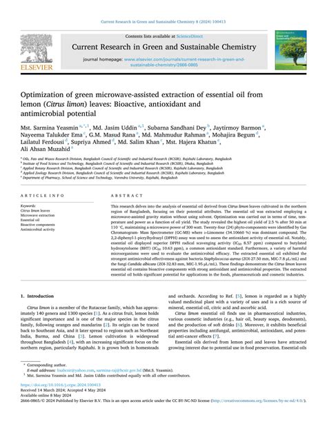 Pdf Optimization Of Green Microwave Assisted Extraction Of Essential Oil From Lemon Citrus
