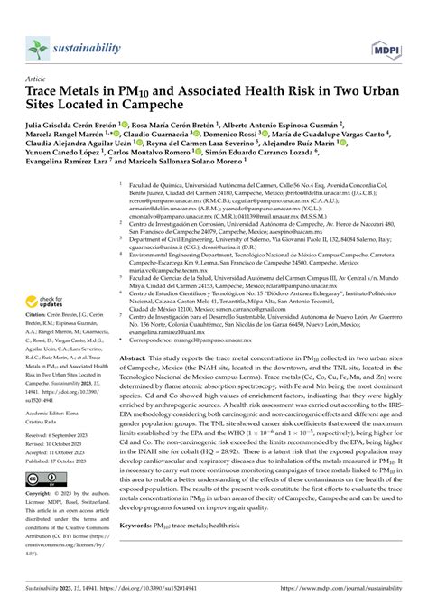 Pdf Trace Metals In Pm10 And Associated Health Risk In Two Urban Sites Located In Campeche