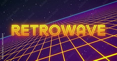Image Of Neon Retrowave Text Flickering Over Glowing Yellow Grid In Universe Stock Illustration