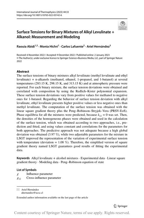 Surface Tensions For Binary Mixtures Of Alkyl Levulinate Alkanol Measurement And Modeling