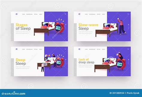 Deep Sleep Dreaming Or Nap Landing Page Template Set Tiny Characters