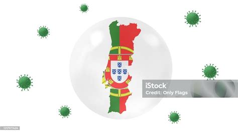 크리스탈 볼 내부 포르투갈지도는 코로나 바이러스로부터 보호 집에서 머물 집에 대한 작업 바이러스 발생을 극복 바이러스 보호 개념 흰색 배경에 격리 0명에 대한 스톡 벡터