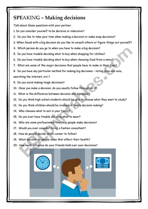 talking about decision making esl worksheet by estherlee76
