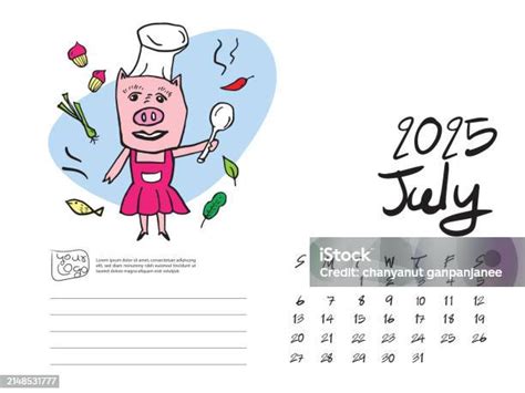 귀여운 돼지 벡터 일러스트 레이 션과 달력 2025 디자인 템플릿 2025 년 7 월 레터링 책상 달력 2025 레이아웃 플래너 벽 달력 템플릿 돼지 만화 캐릭터 휴일