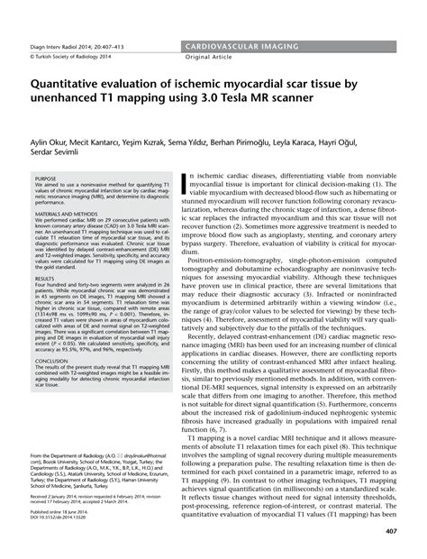 Pdf Quantitative Evaluation Of Ischemic Myocardial Scar Tissue By Unenhanced T1 Mapping Using