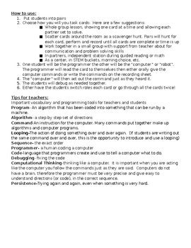 EDITABLE Partner Programming Unplugged Coding Computer Science Lesson Task Cards