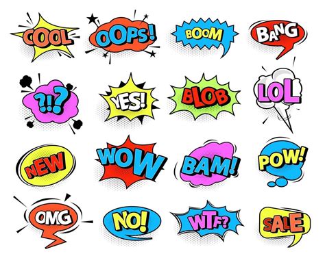 Comic Speech Bubble Set With Text With Wow Bang Omg Boom Yeah Pow Zap Vector Cartoon