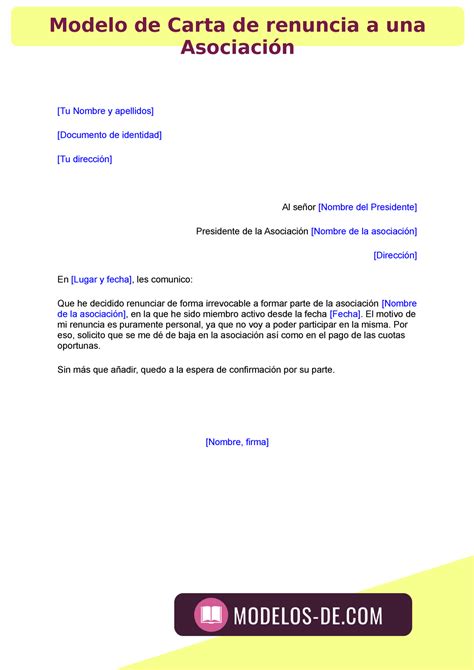 Modelo carta de renuncia Asociación Tu Nombre y apellidos