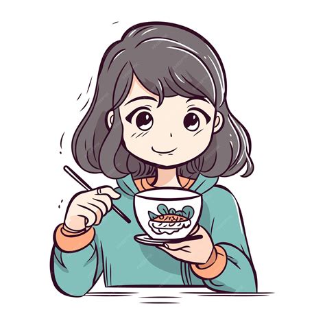 Premium Vector Illustration Of A Woman Eating A Bowl Of Chinese Noodle
