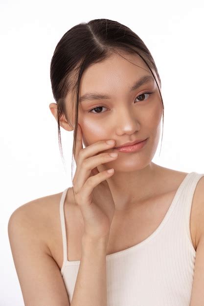 Free Photo Front View Korean Woman Posing With Lipstick