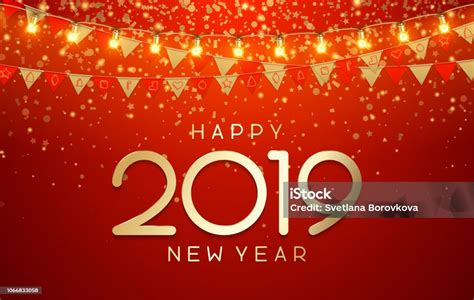 레드 행복 한 새 해 2019 포스터 종이 플래그 장식 조명과 색종이와 12월 31일에 대한 스톡 벡터 아트 및 기타 이미지