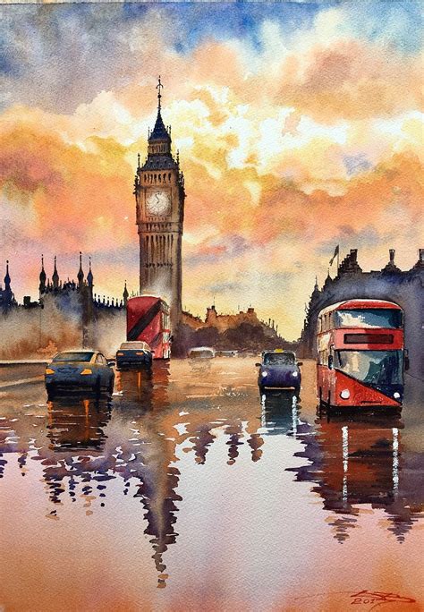 Wet London | Watercolor art landscape, Scenery paintings, London painting