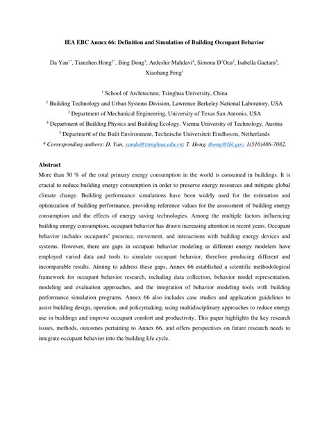 Pdf Iea Ebc Annex 66 Definition And Simulation Of Occupant Behavior In Buildings