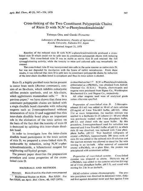 Pdf Cross Linking Of The Two Constituent Polypeptide Chains Of Ricin D Oda Agric Biol Chem