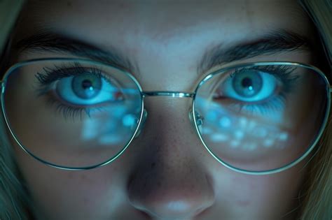 Premium Photo | Closeup of a young womans eyes showing reflections on her glasses
