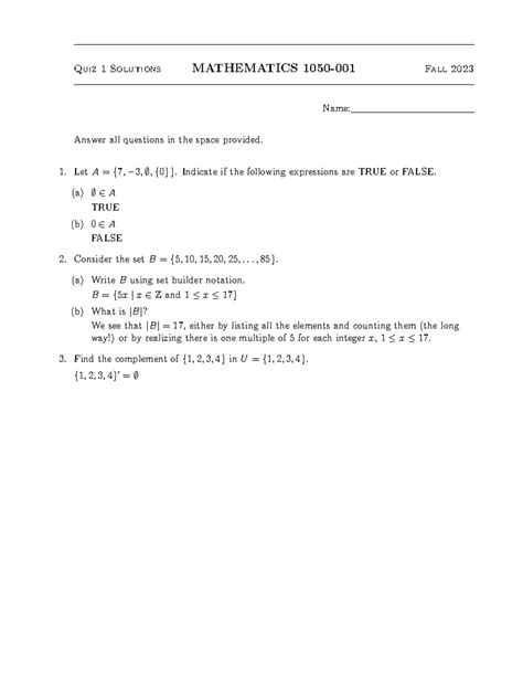 Quiz 1 Solutions Answers For Quiz 1 Quiz 1 Solutions Mathematics