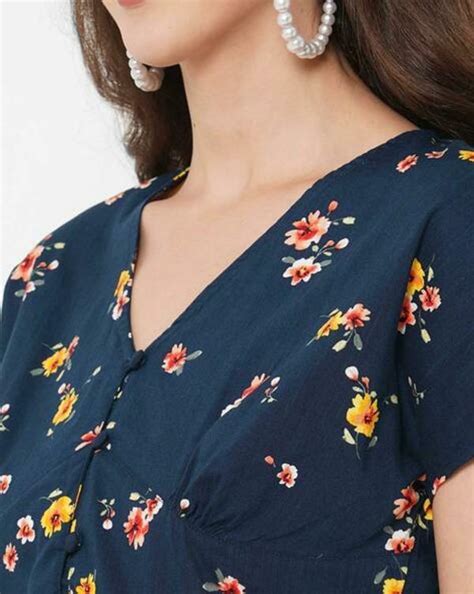 Papa Brands Women Navy Floral 100 Cotton Top Jiomart