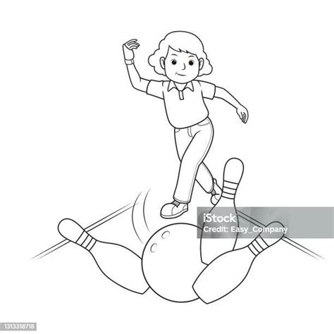 向量插圖保齡球運動員扔球擊中在白色背景隔離的針腳體育競賽或訓練概念兒童著色頁面彩色卡通人物剪貼畫向量圖形及更多championship圖片
