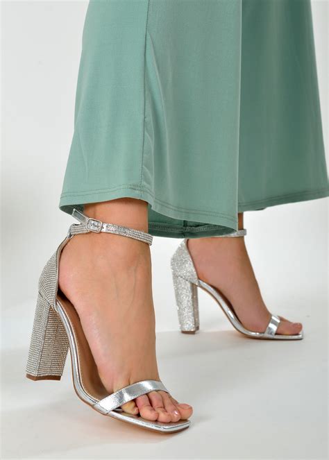 Silver Diamante Embellished Heeled Sandals Shoelace Womens Shoes